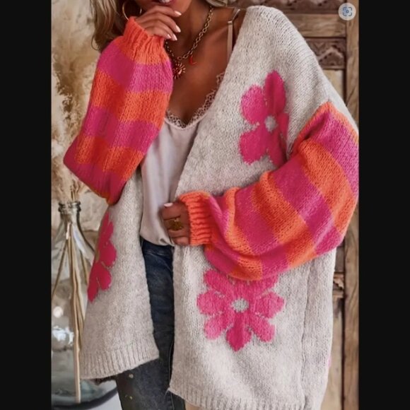 jo_vogue | Sweaters | White Pink And Orange Striped And Floral Knit ...